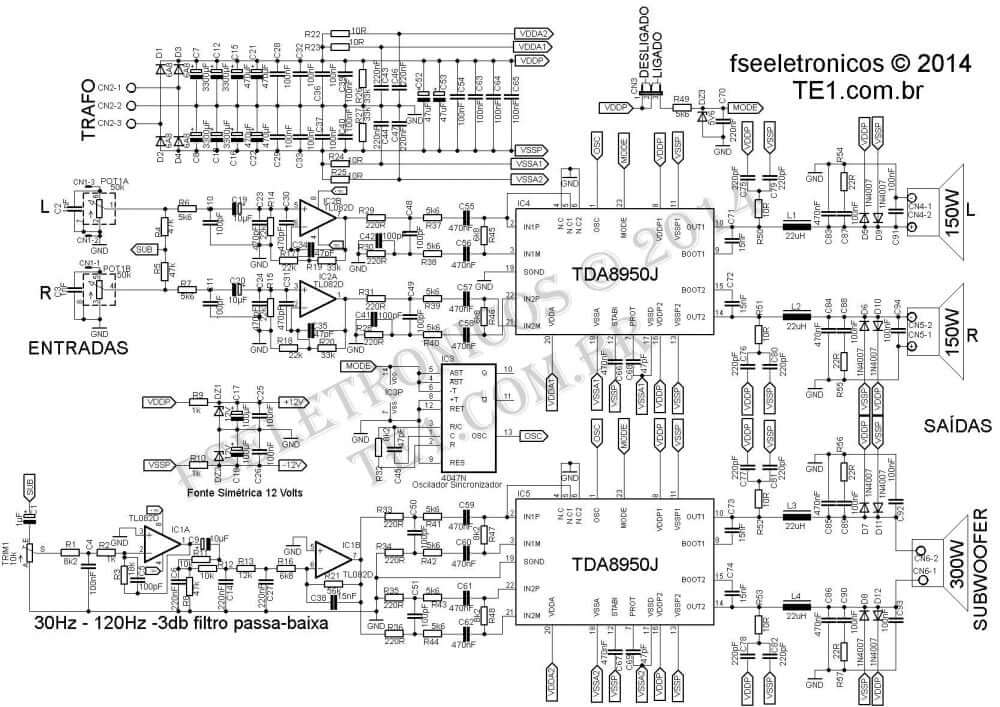 Circuito Amplificador Classe D 2.1 canais 2x170 + 300W utilizando ...