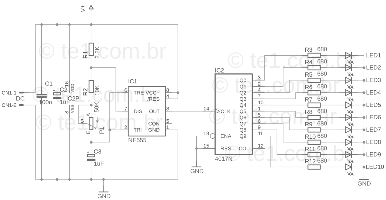 Sequencial de leds com CD4017 e NE555 - Toni Eletrônica