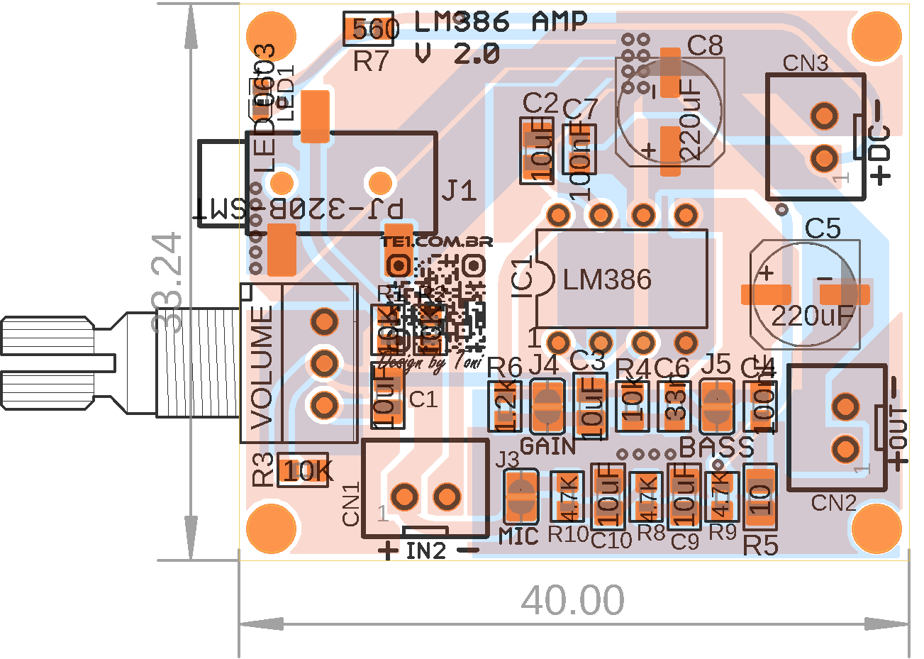 Mini Amplificador com CI LM386 Bass Boost PCB SMD - Toni Eletrônica